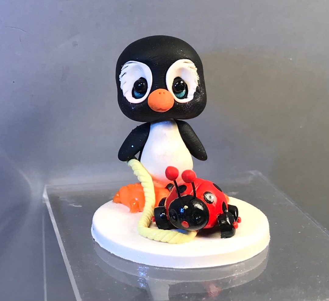 Penguin W/ Ladybug Pull Toy Polymer Clay Arctic Bird Figure Sculpted ...