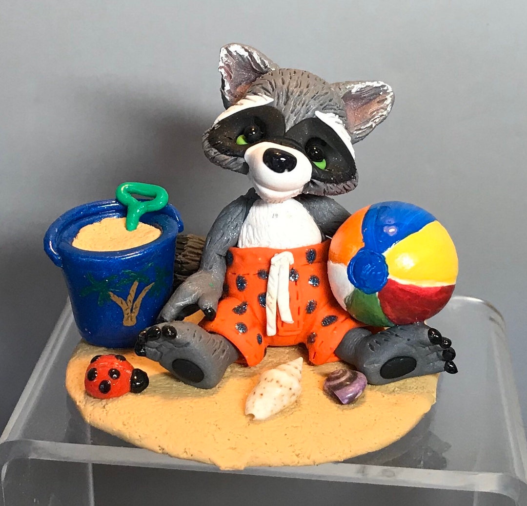 Raccoon at Beach Polymer Clay Collectible Sculpted Clay Woodland ...