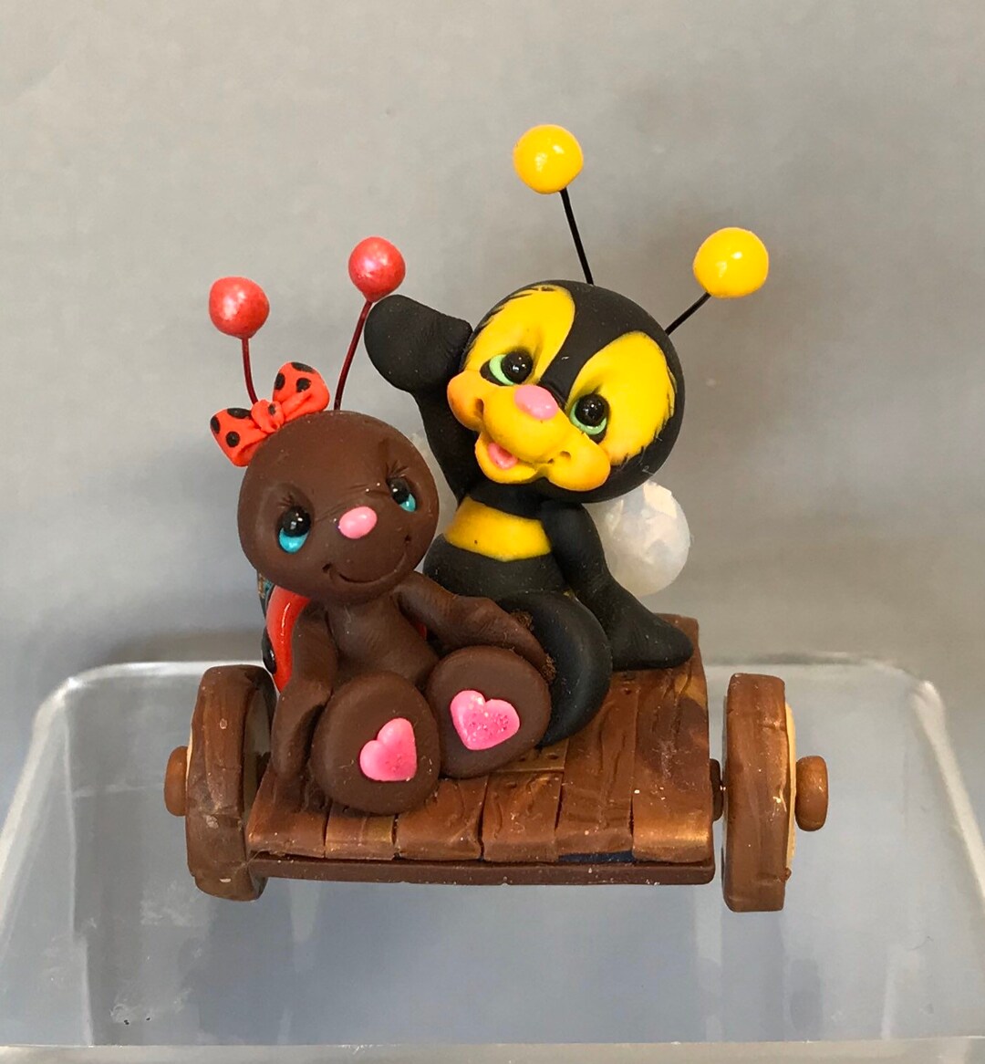Bumble Bee & Ladybug on Cart Honey Bee Polymer Clay Insect Figurines ...