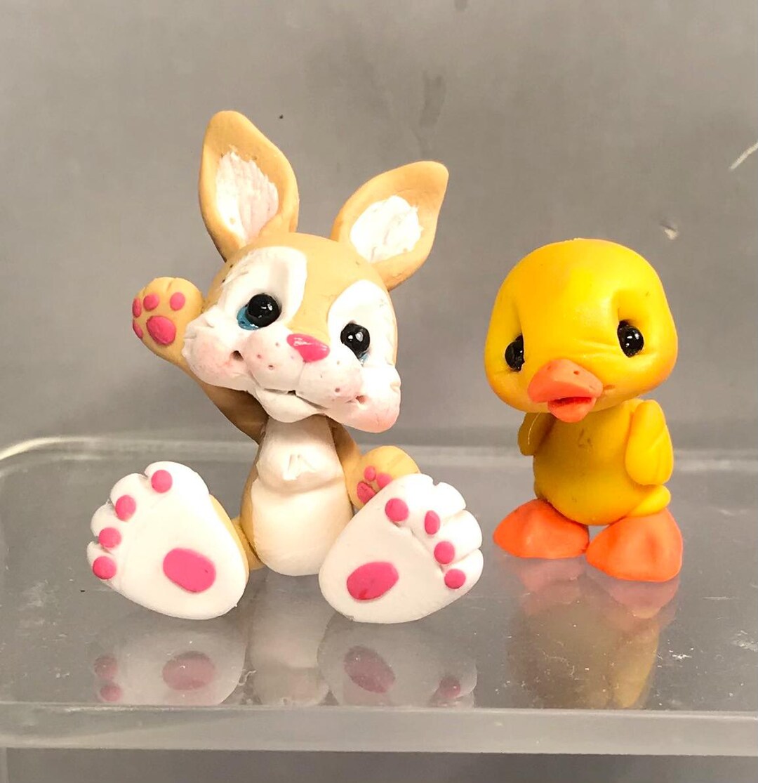 Bunny Rabbit & Yellow Duckling-polymer Clay Collectible-sculpted Clay ...