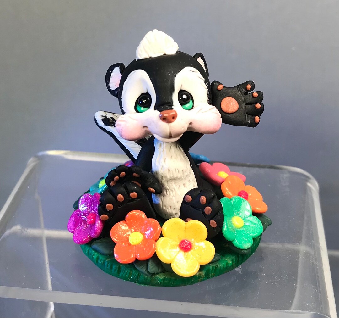 Skunk in Ring of Flowers-whimsical Polymer Clay Forest Animal Figure ...