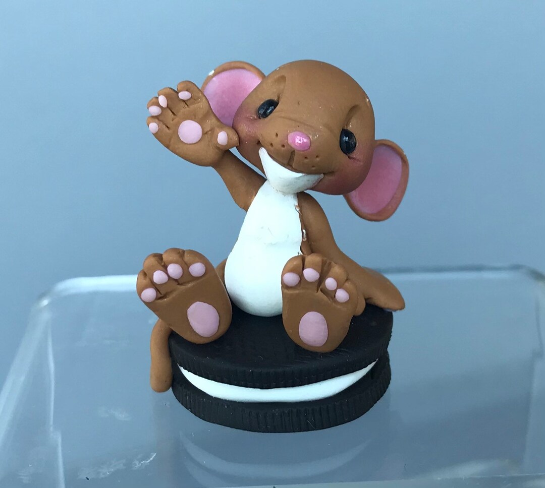 Mouse Sitting on Cookie - Miniature Polymer Clay Mice Figurine ...