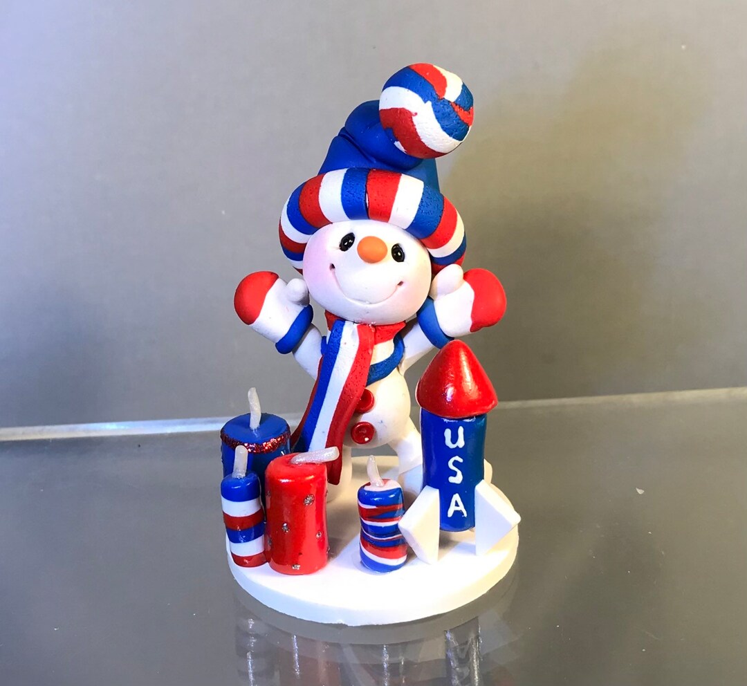 Snowman & Fireworks Patriotic Scene Polymer Clay Winter Collectible USA ...