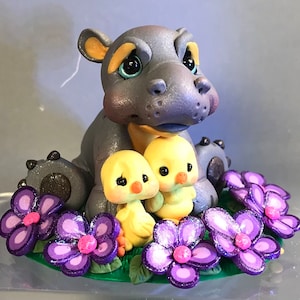 Hippopotamus W/ Baby Chicks- Polymer Clay Hippo Figurine - Sculpted ...