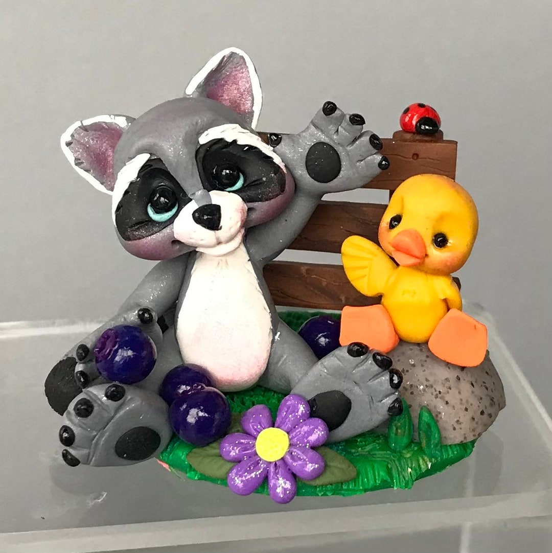Raccoon & Yellow Duckling W/ Blueberries Polymer Clay Forest Animal ...