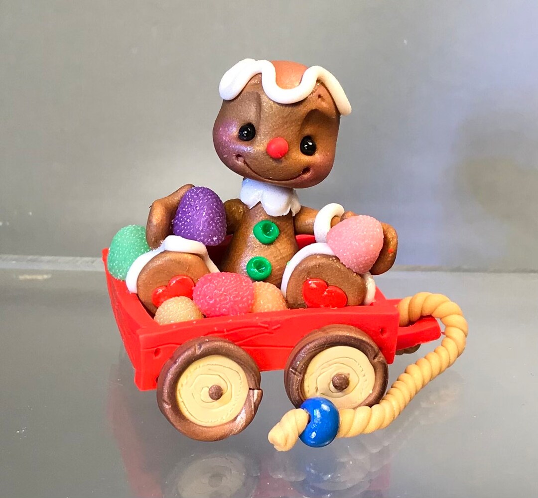 Gingerbread Boy in Wagon W/ Gumdrops - Handmade Christmas Polymer Clay ...