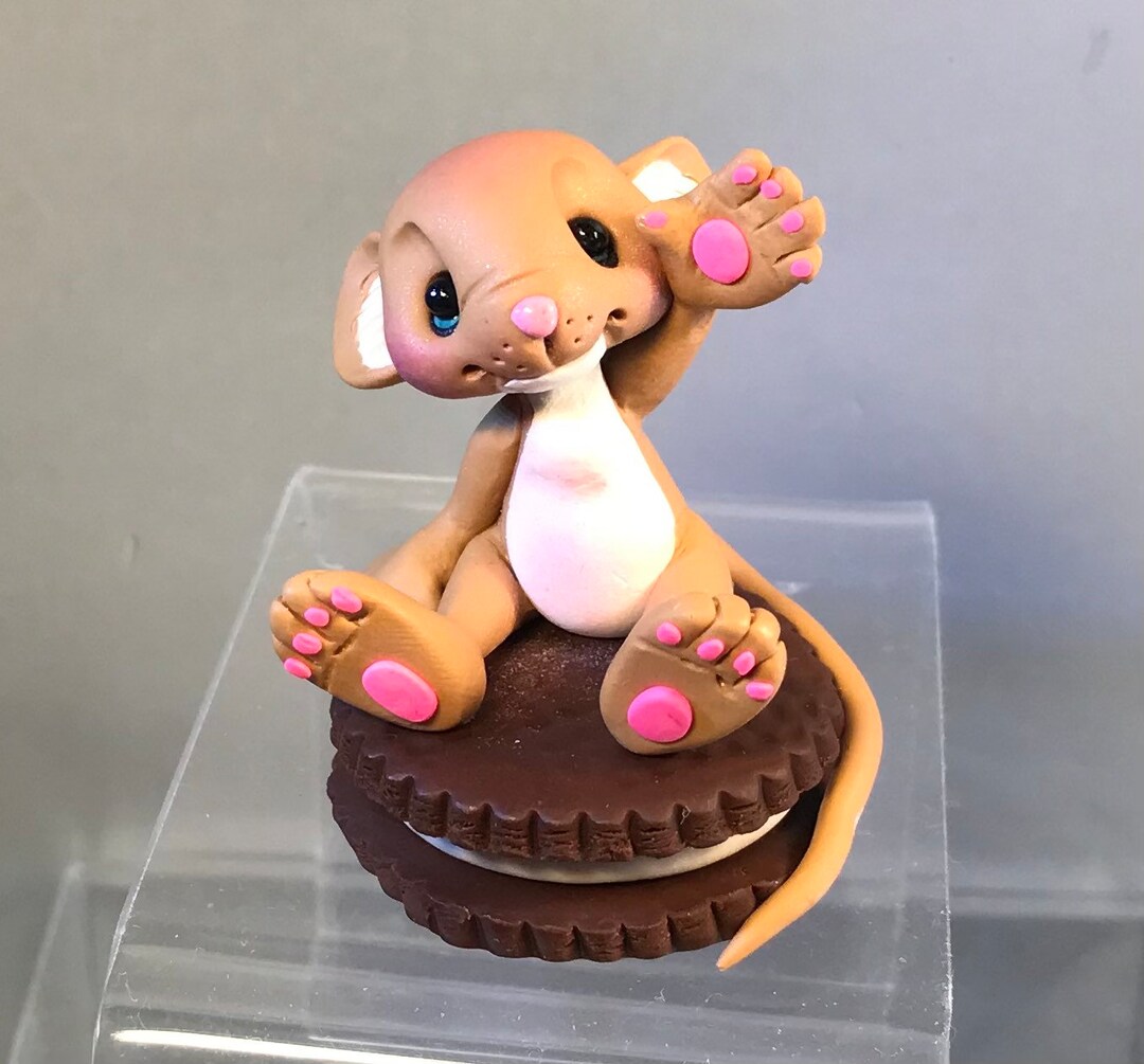 Mouse Sitting on Cookie - Miniature Polymer Clay Mice Figurine ...