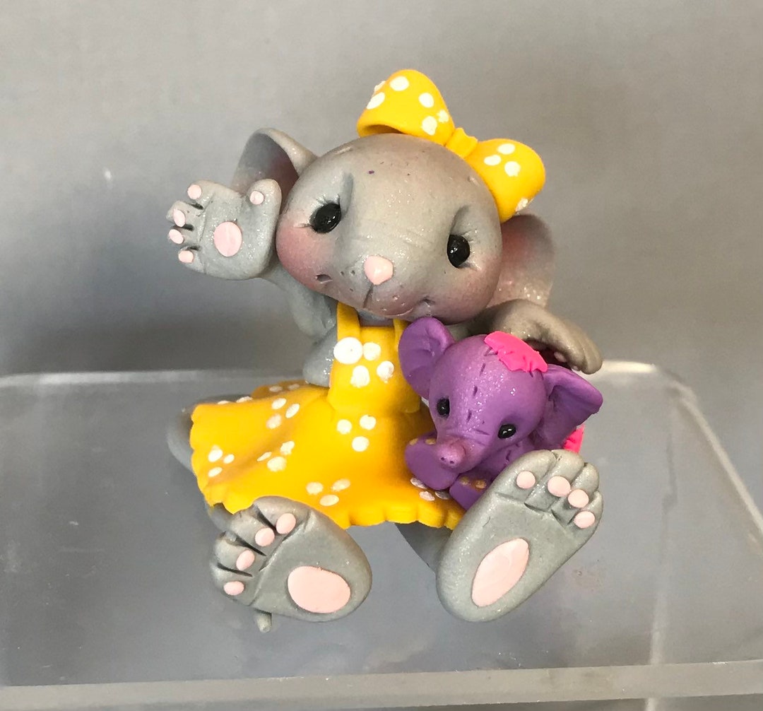 Mouse in Dress W/ Stuffed Elephant Toy-whimsical Polymer Clay Figure ...