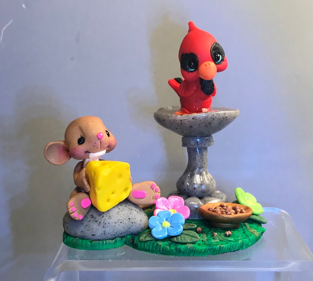 Bird & Mouse-cardinal in Birdbath-polymer Clay Garden Figurine-sculpted ...