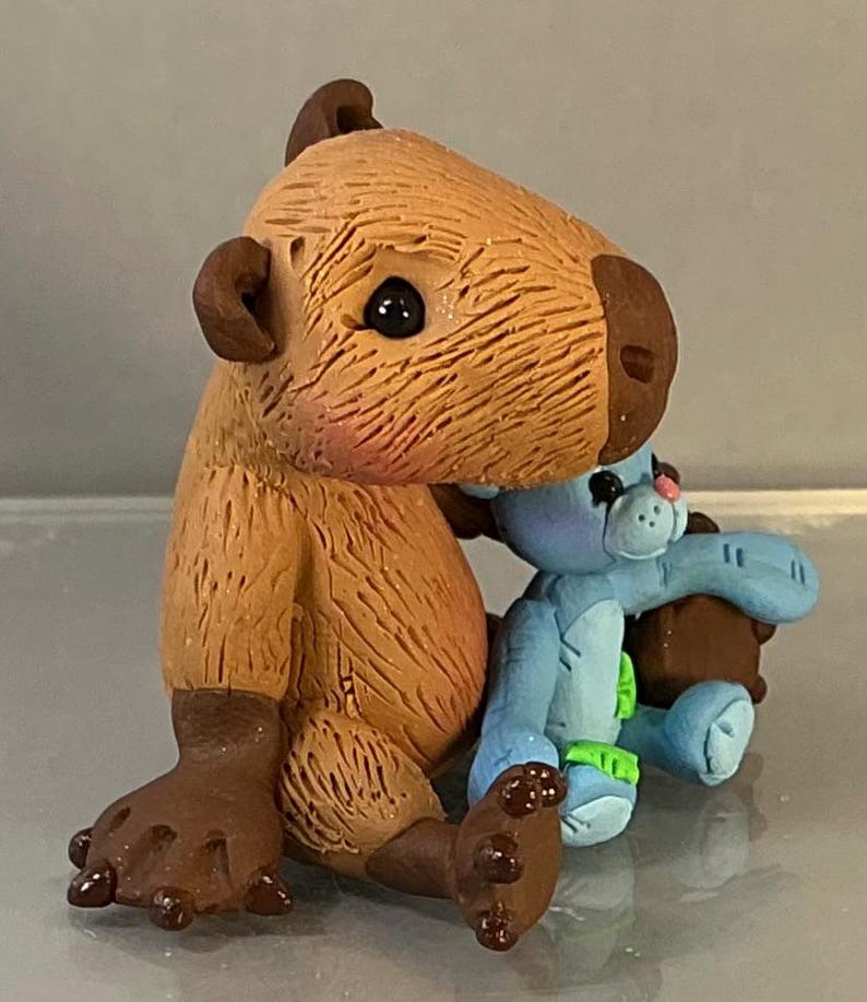 Capybara W/ Teddy Bear - Miniature Polymer Clay Rodent Figurine Hand ...
