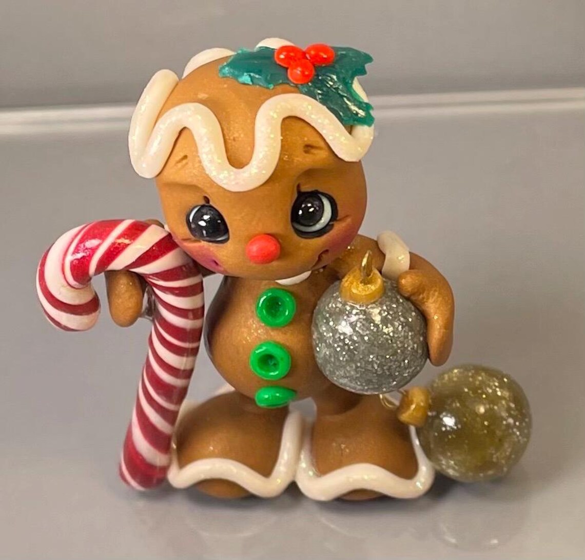 Gingerbread Boy W/ Candy Cane & Christmas Ornaments-handmade Polymer ...