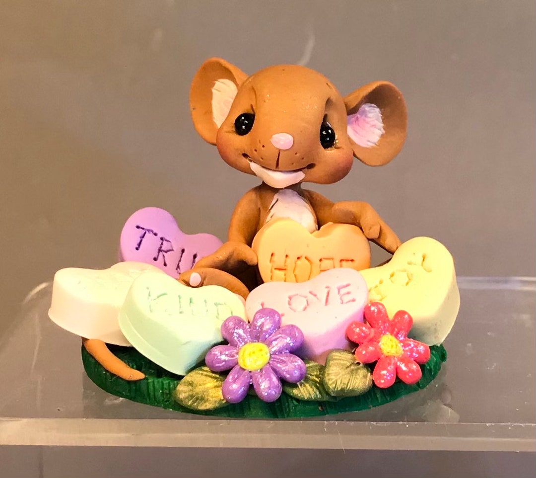 Mouse W/ Candy Hearts-polymer Clay Mice Figurine-sculpted Clay Woodland ...