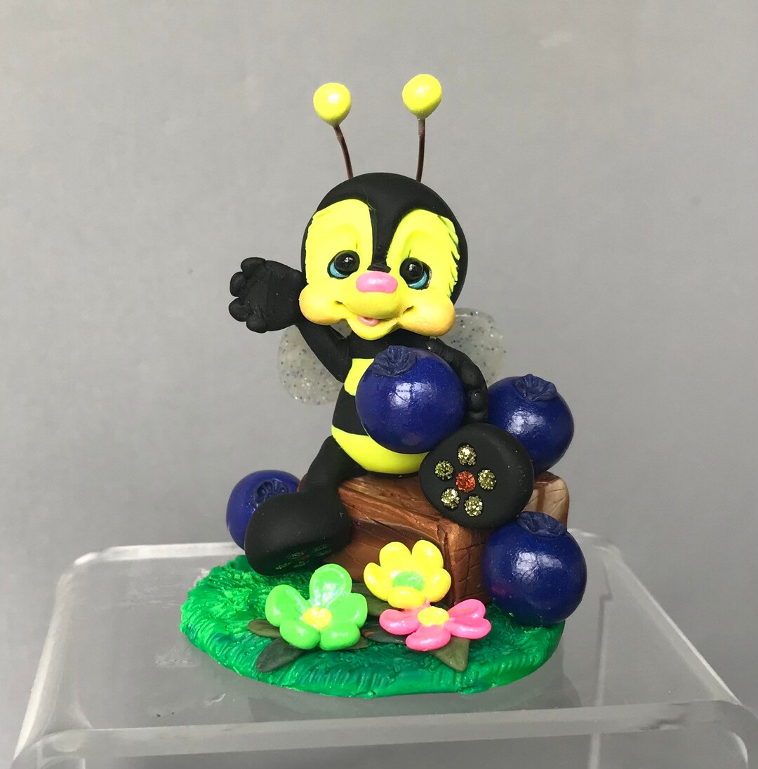 Bumble Bee W/ Blueberries Whimsical Polymer Clay Honey Bee Figurine ...