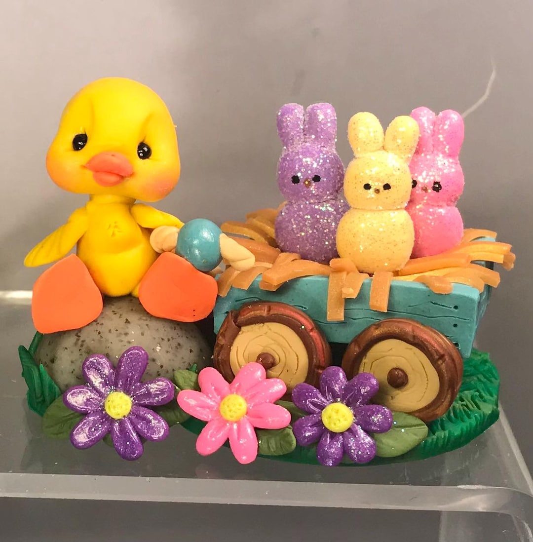 Bird, Duck W/ Bunny Peeps in Wagon - Yellow Duckling - Polymer Clay ...