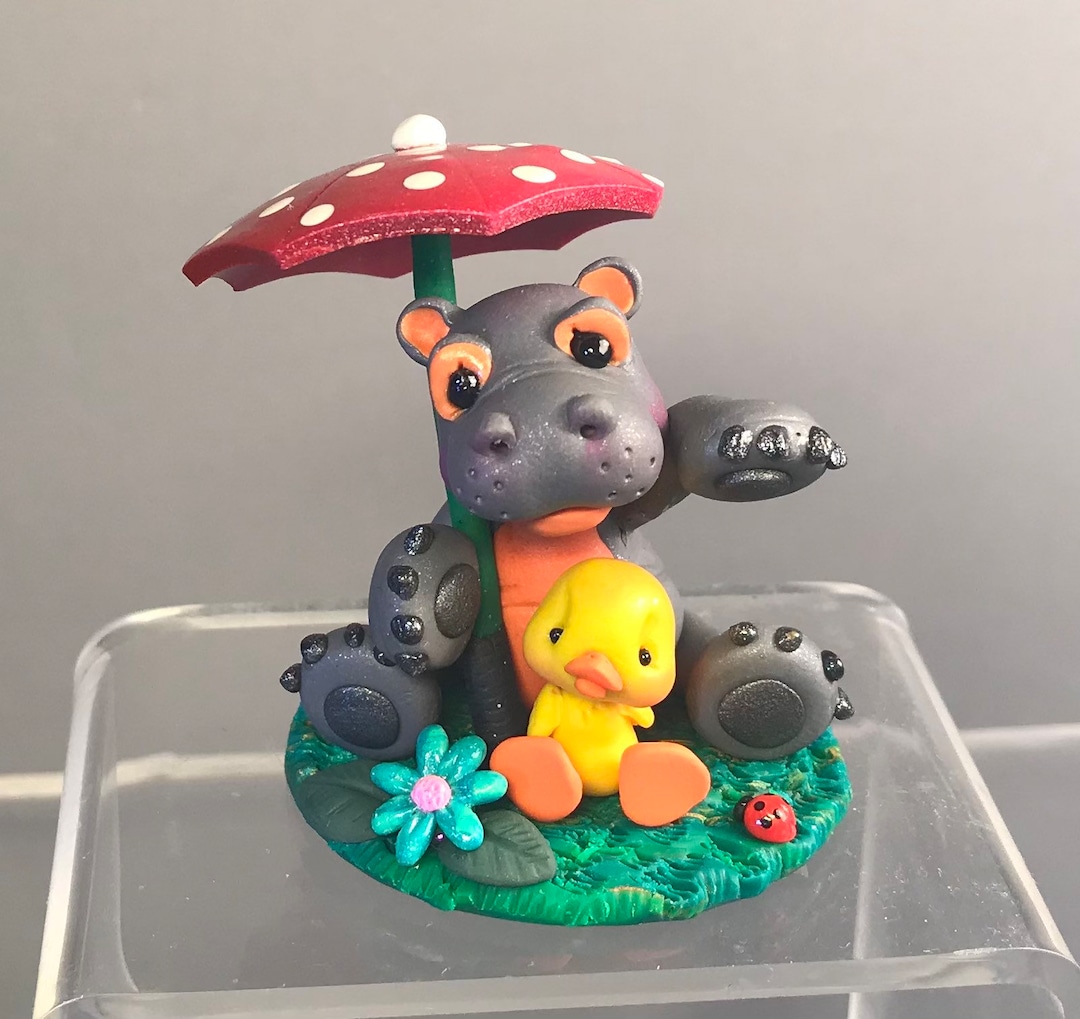 Hippopotamus W/ Umbrella & Duckling-polymer Clay Hippo Figurine ...