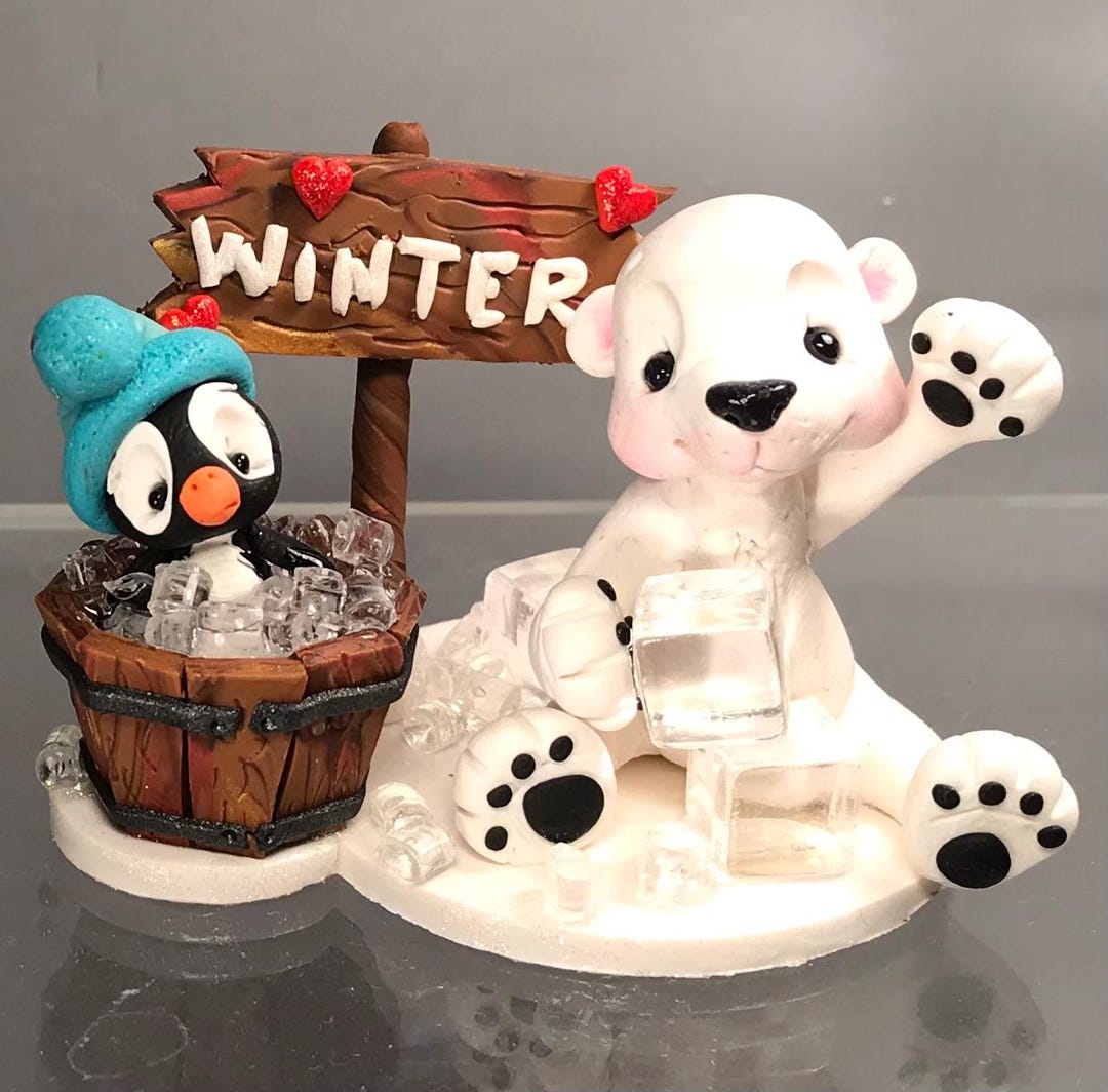Polar Bear & Penguin W/ Ice Cubes-winter Snow Scene-polymer Clay Arctic ...