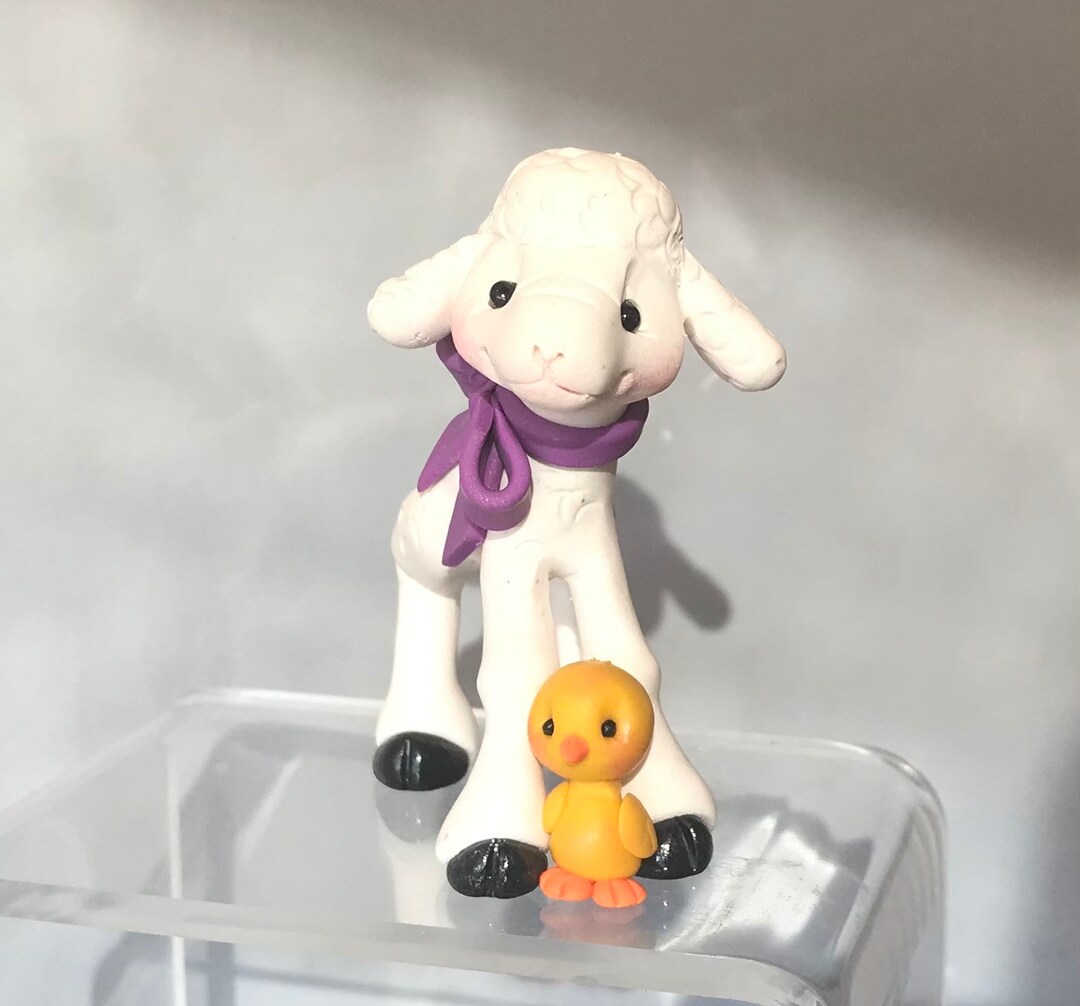 Lamb & Baby Chick Sheep Polymer Clay Banyard Animal Figure Sculpted ...