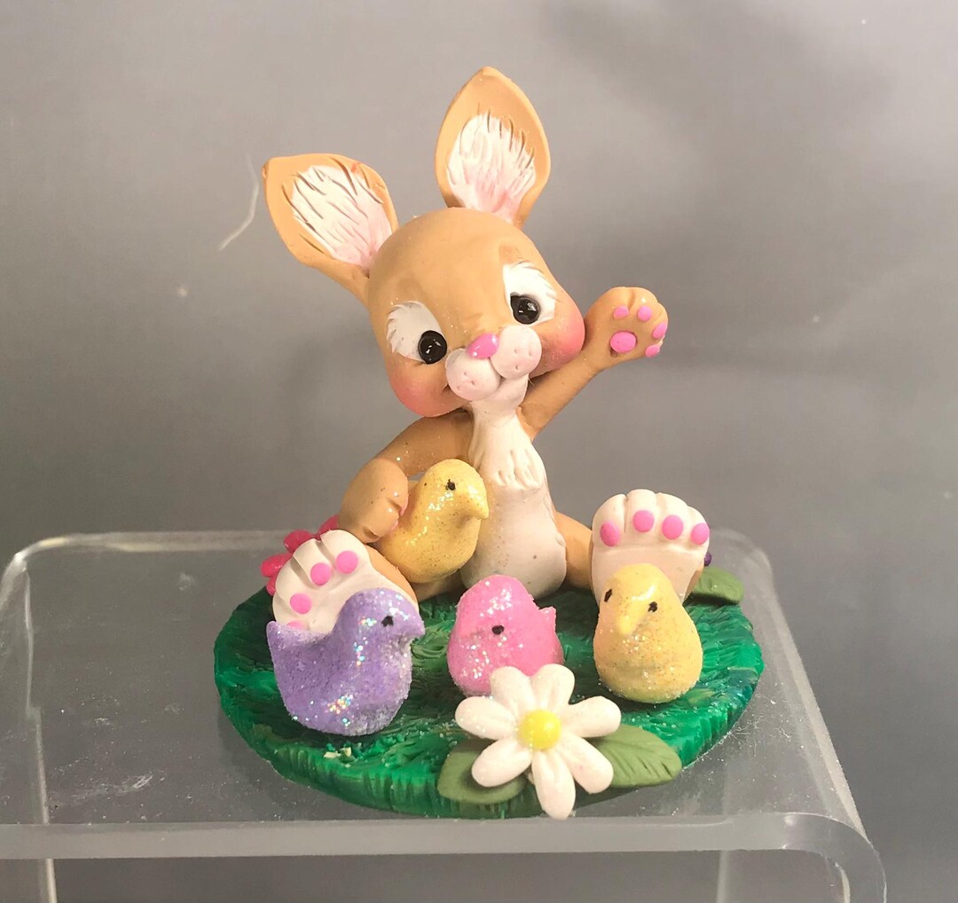 Bunny Rabbit W/ Easter Peeps-polymer Clay Rabbit Figurine-sculpted ...