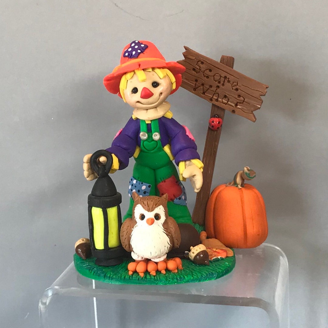 Scarecrow & Owl Fall Scene Polymer Clay Collectible Sculpted Figurine ...