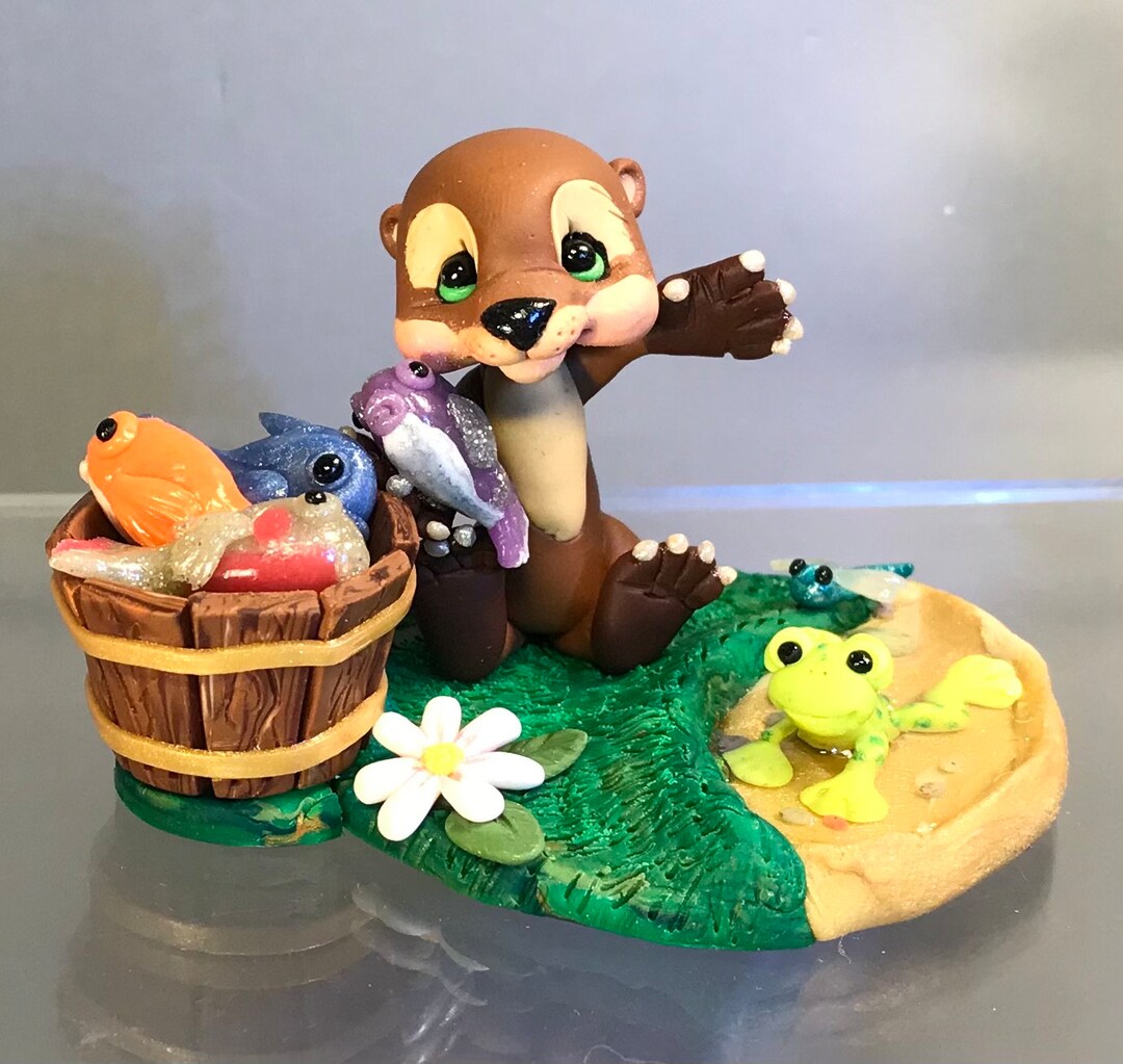 Otter W/ Frog & Bucket of Fish Scene - Polymer Clay Woodland Critters ...