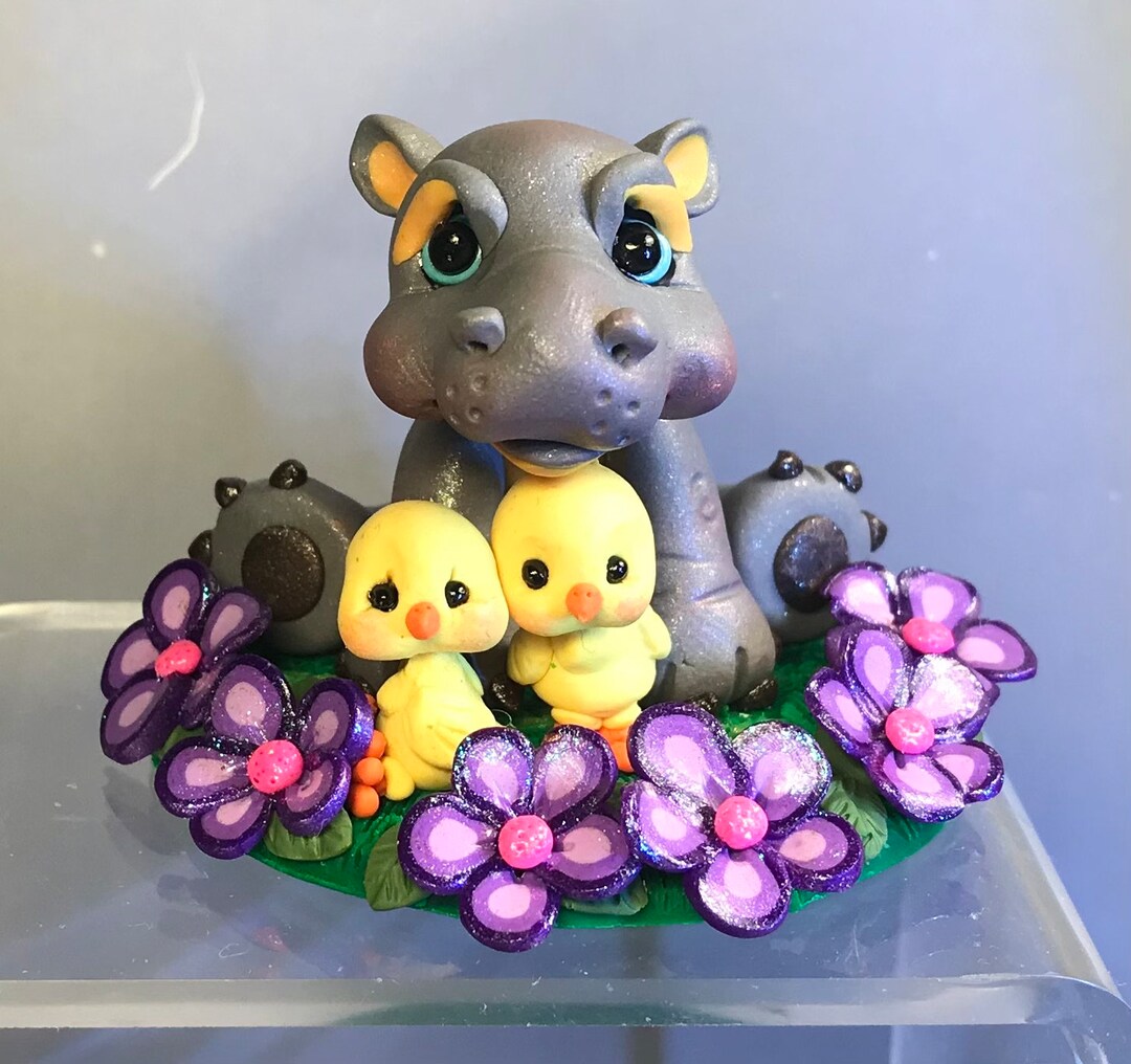 Hippopotamus W/ Baby Chicks- Polymer Clay Hippo Figurine - Sculpted ...