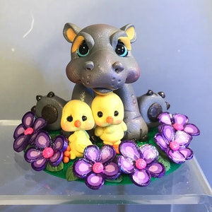 Hippopotamus W/ Baby Chicks- Polymer Clay Hippo Figurine - Sculpted ...