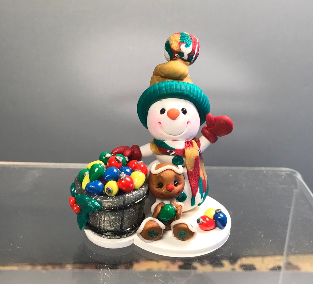 Snowman W/ Gingerbread Boy & Christmas Lights-sculpted Clay Snowman ...