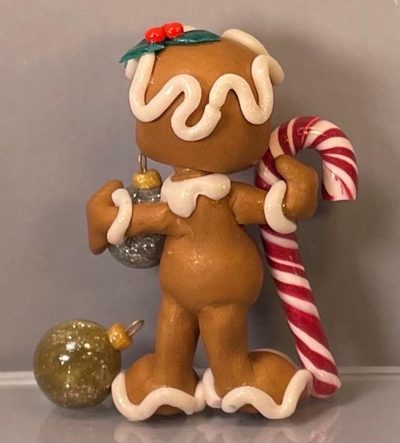Gingerbread Boy W/ Candy Cane & Christmas Ornaments-handmade Polymer ...