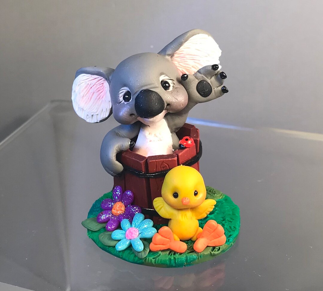 Koala in Bucket & Baby Chick- Polymer Clay Animal Figurine-whimsical ...