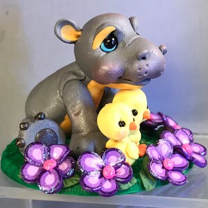Hippopotamus W/ Baby Chicks- Polymer Clay Hippo Figurine - Sculpted ...