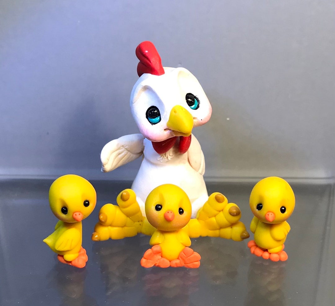 Chicken W/ Baby Chicks Polymer Clay Hen Figurine Sculpted Barnyard ...