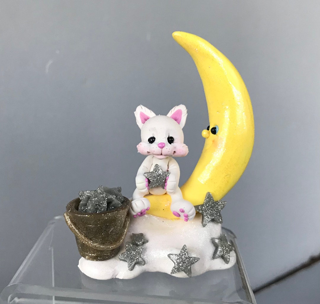 Kitten Sitting on Moon W/ Stars - Handmade Whimsical Polymer Clay ...