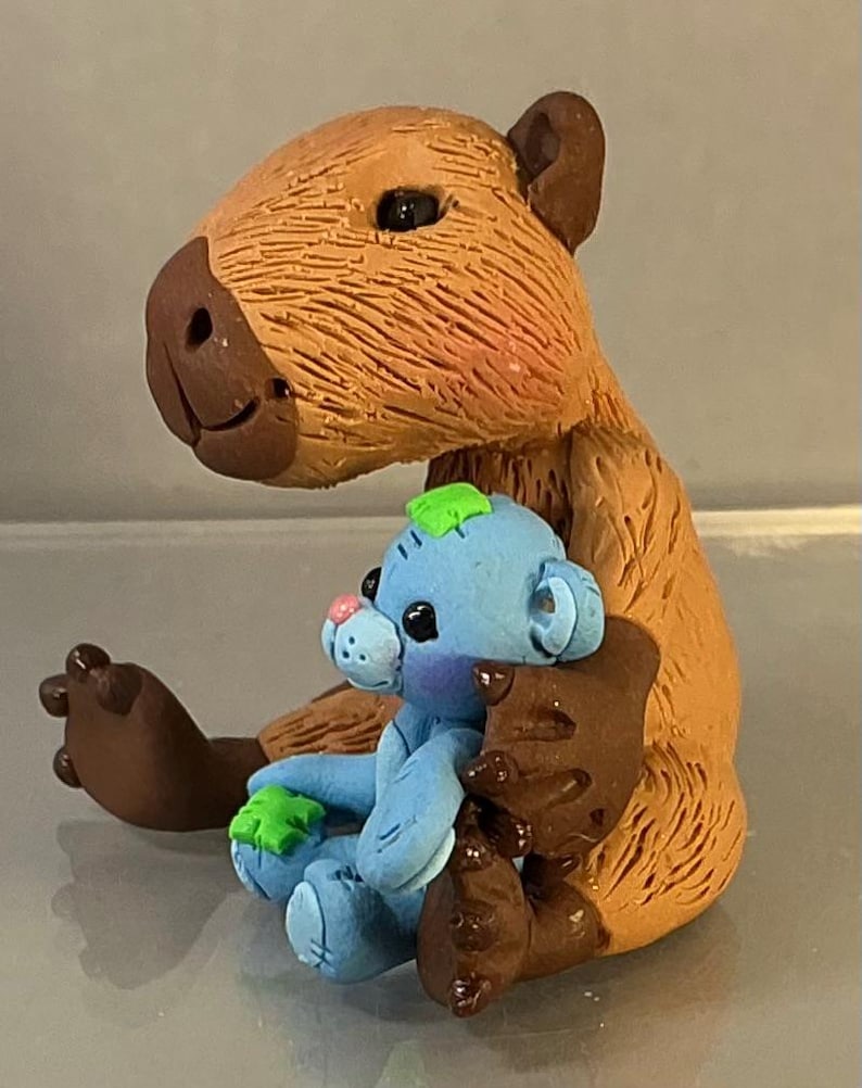 Capybara W/ Teddy Bear - Miniature Polymer Clay Rodent Figurine Hand ...