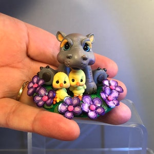 Hippopotamus W/ Baby Chicks- Polymer Clay Hippo Figurine - Sculpted ...