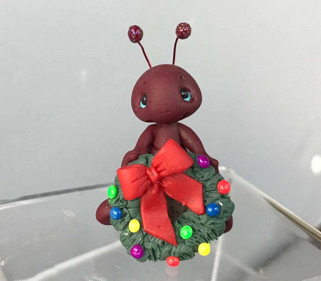 Ant W/ Christmas Wreath on Rock -tiny Polymer Clay Bug Figure ...