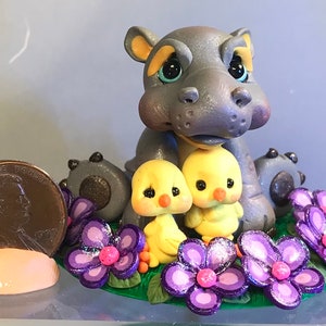 Hippopotamus W/ Baby Chicks- Polymer Clay Hippo Figurine - Sculpted ...
