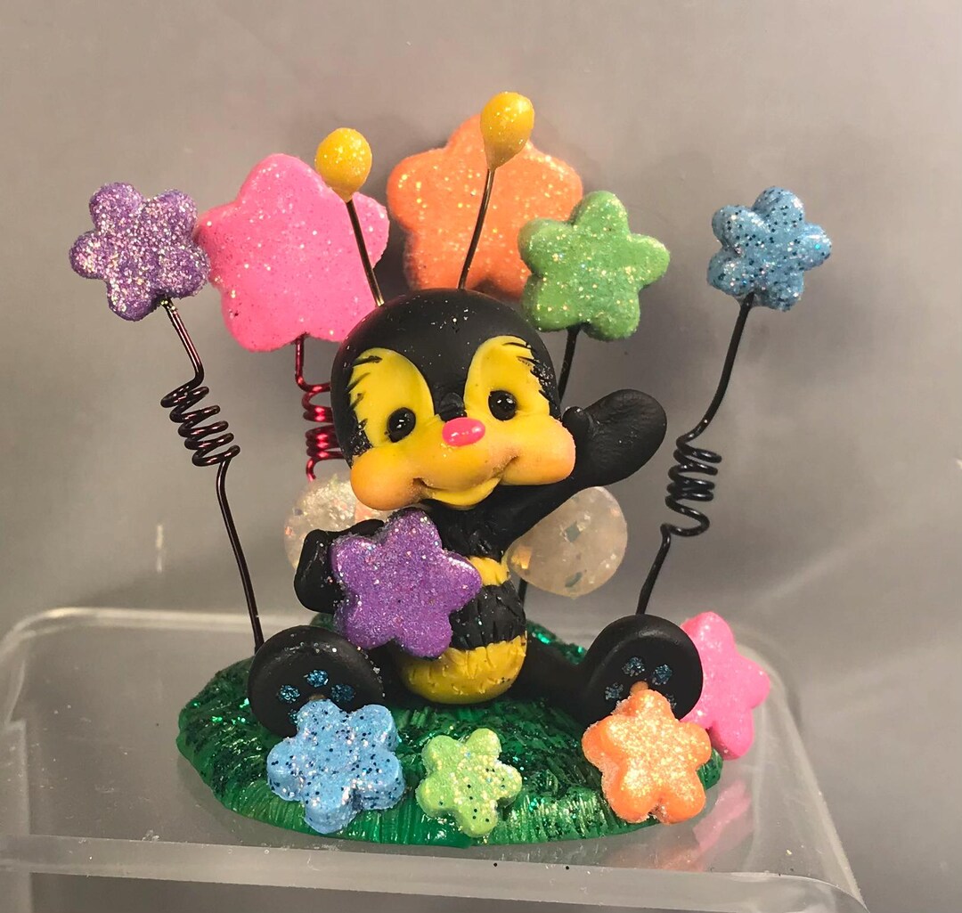 Bumble Bee W/ Sparkly Flowers-honey Bee-polymer Clay Insect Figurine ...
