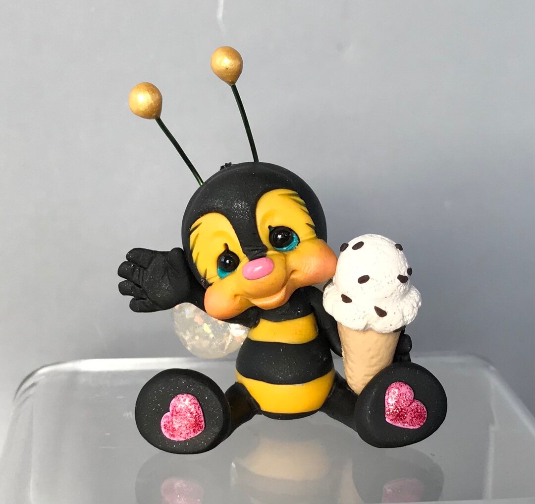 Bumble Bee W/ Ice Cream Cone- Whimsical Honey Bee-polymer Clay Insect ...