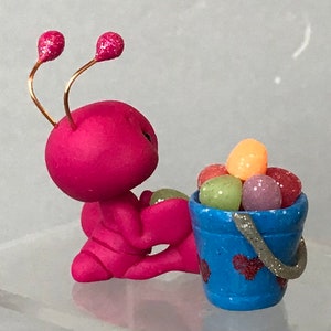 Ant Sitting W/ Pail of Gumdrops Whimsical Polymer Clay Insect Figure ...