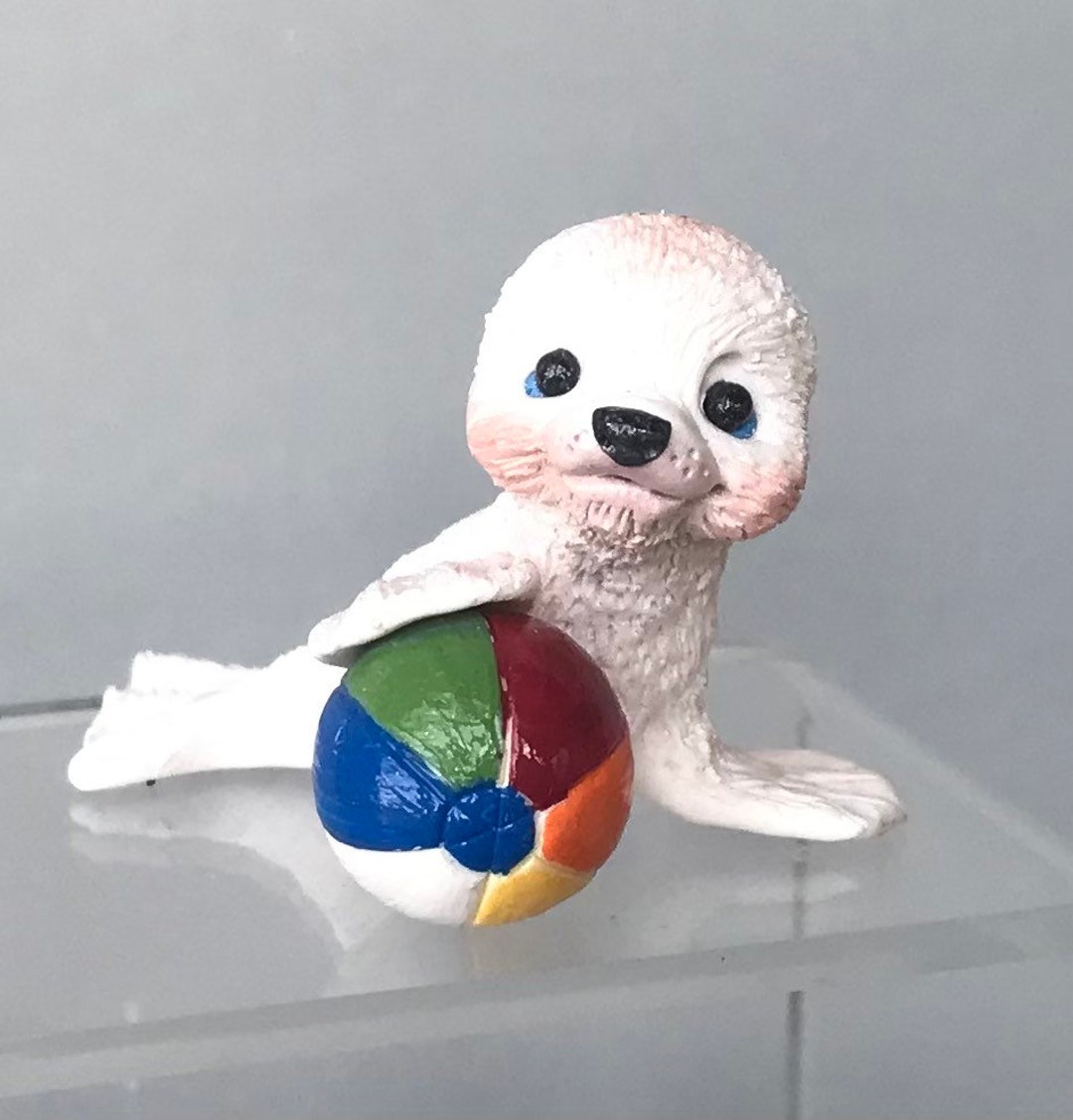 Seal W/ Beach Ball - Polymer Clay Collectible Figurine - Whimsical Clay ...