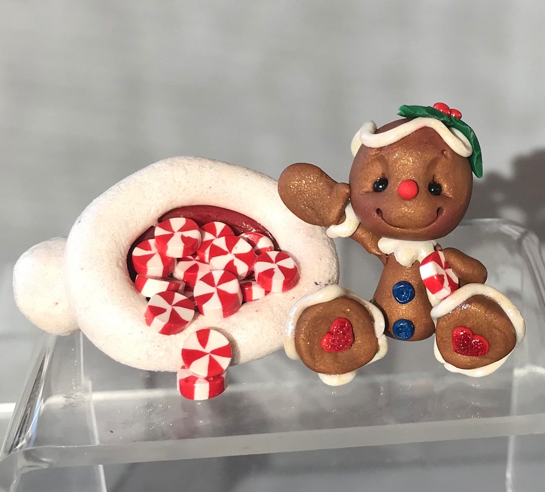 Gingerbread Boy W/ Peppermint Candy in Santa Hat-polymer Clay Christmas ...