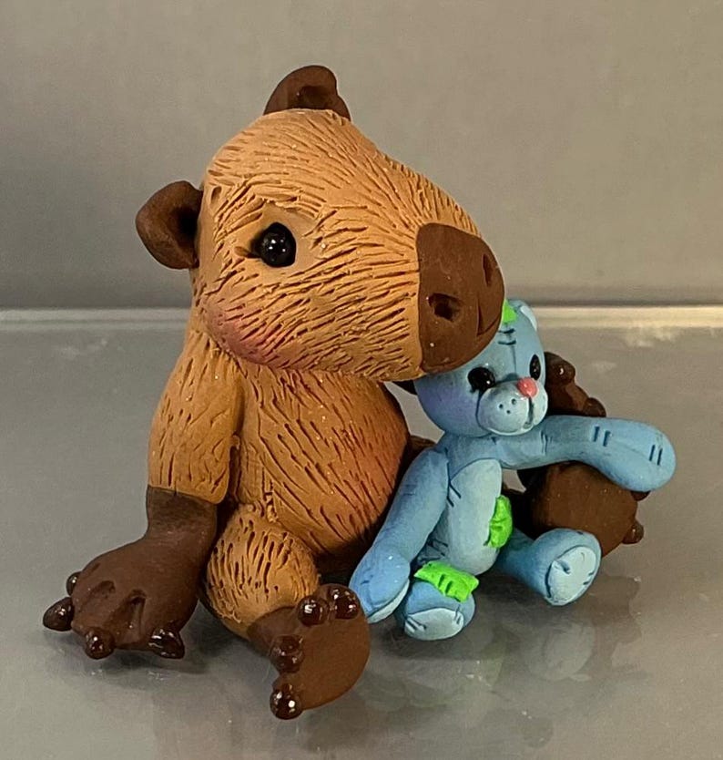 Capybara W/ Teddy Bear - Miniature Polymer Clay Rodent Figurine Hand ...