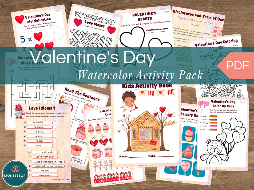 Valentine's Day Preschool Printable Kids Activity Watercolor 31-page ...