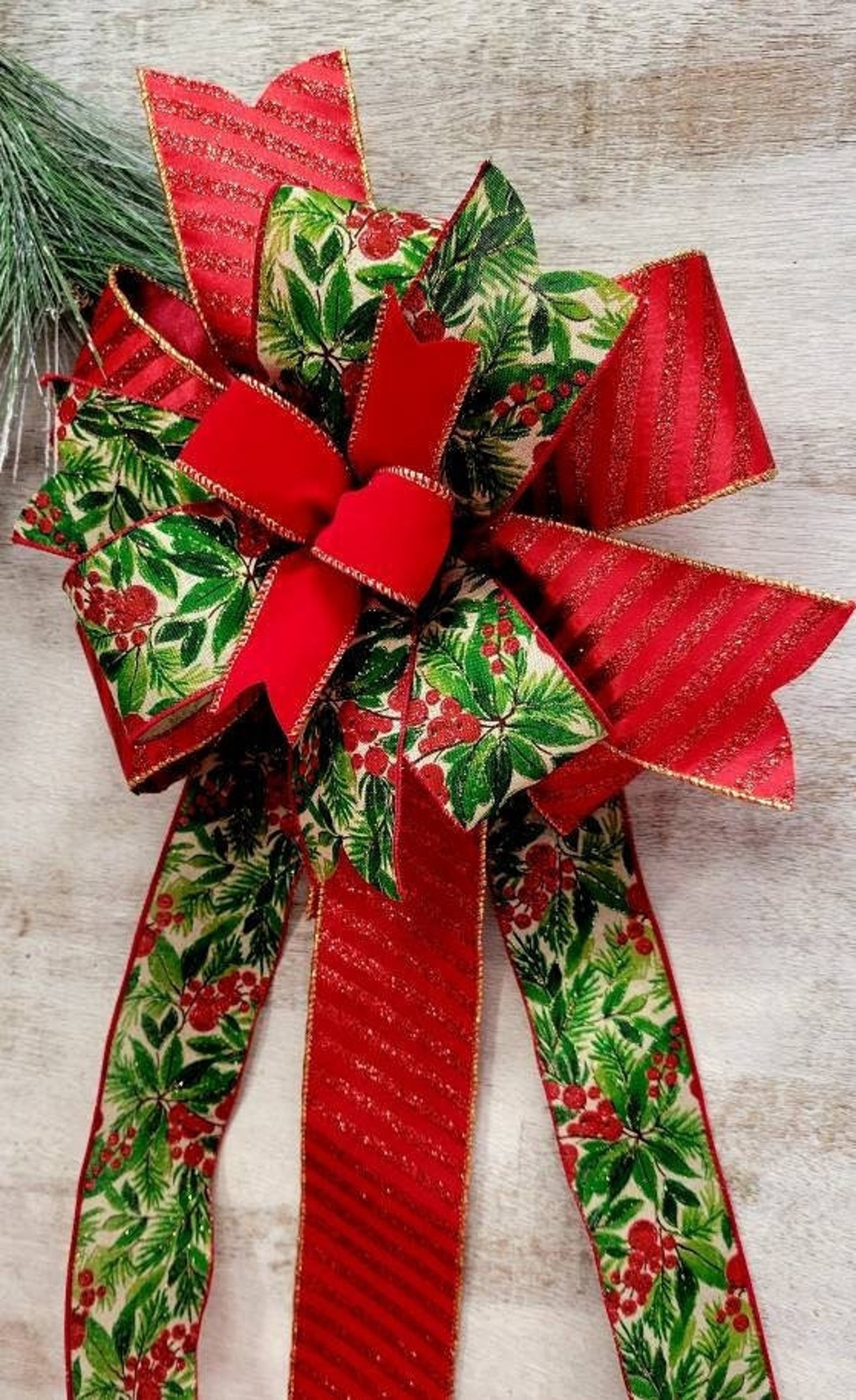 Christmas Bow Holly Berries Bow Green and Red Holiday Bow - Etsy