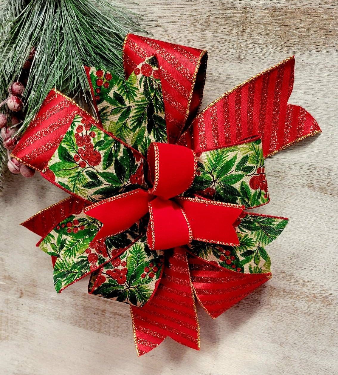 Christmas Bow Holly Berries Bow Green and Red Holiday Bow | Etsy