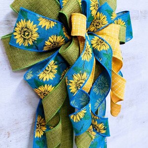 Teal Sunflower Bow, Farmhouse Country Bow, Rustic Sunflower Door Decor ...