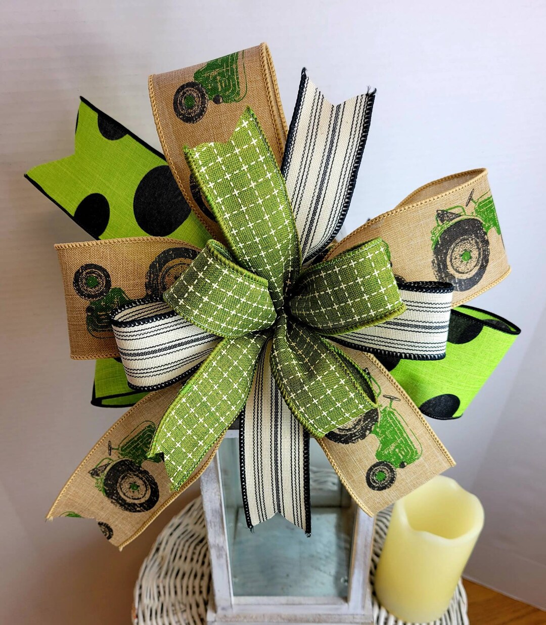 Tractor Bow, Farmhouse Rustic Green and Black Wired Ribbon Bow - Etsy