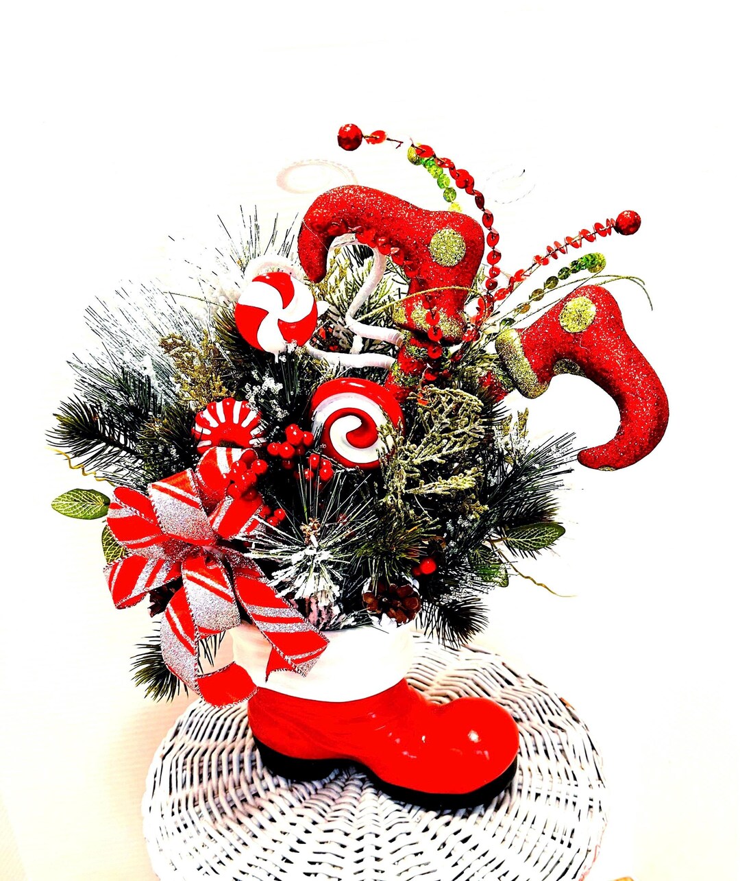 Santa Claus Boot Centerpiece, Evergreen Christmas Arrangement, Red Boot ...