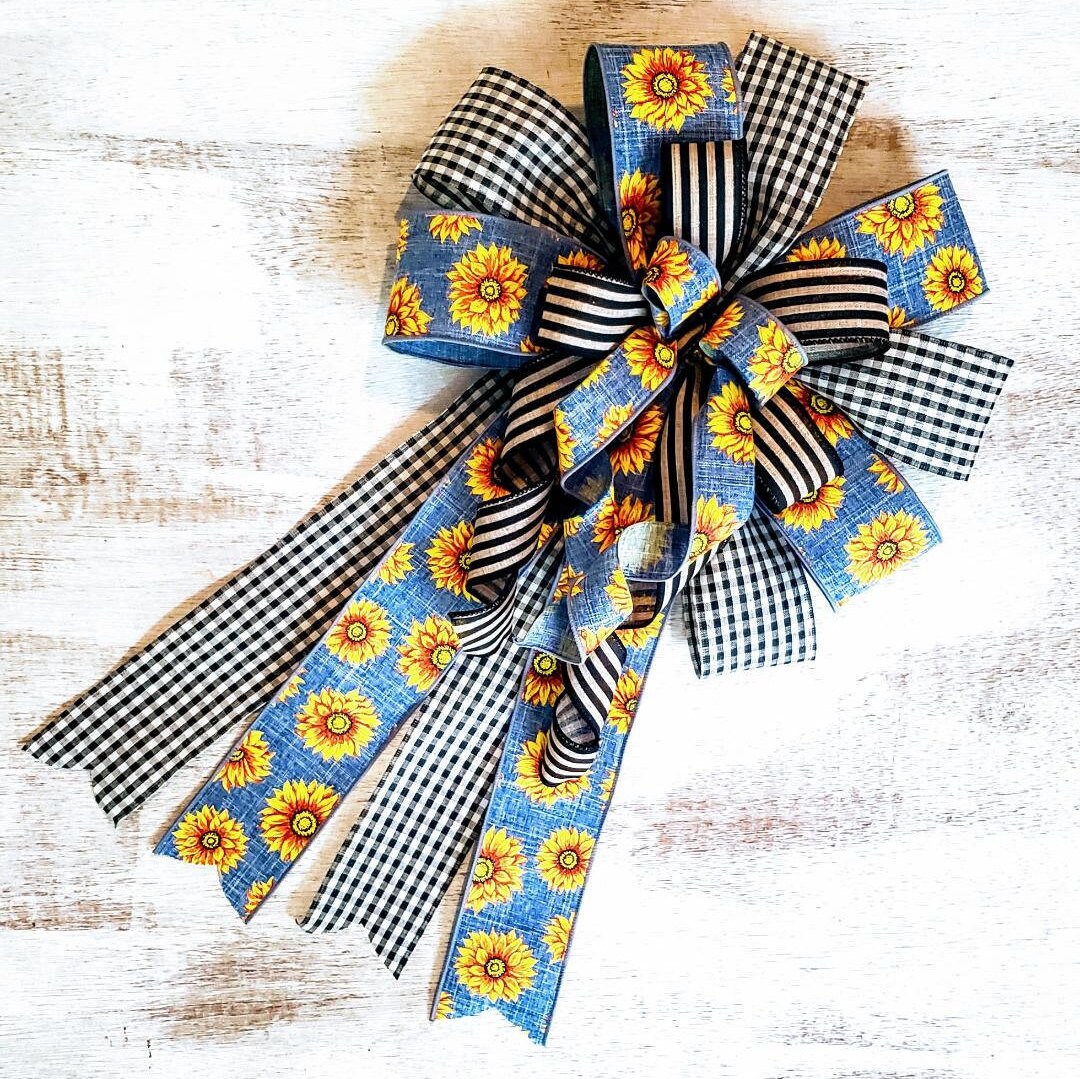 Sunflower Blue Bow, Denim Blue Check Sunflower, Farmhouse Country Bow ...