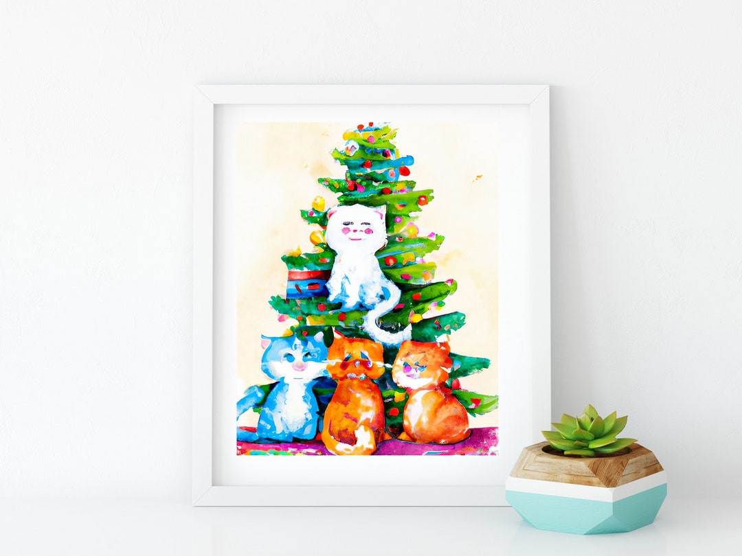 Printable Cat Art, Christmas Tree Art, Christmas Cat Art, Watercolor ...